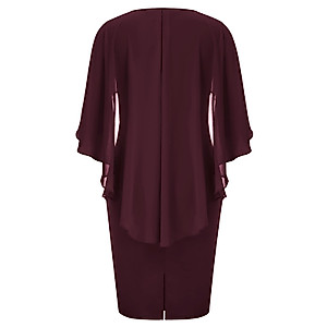 KIMCURVY Women's Cape Chiffon Church Dresses Knee Length Evening Burgundy Pencil Dress L