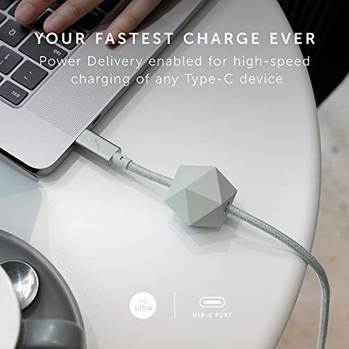 Native Union Type-C Desk Cable – USB-C to USB-C 8ft Ultra-Strong Non-Slip Charging Cable with Anchor Weight Compatible with iPhone 16, 15, MacBook Pro 13" M1/ M2, Air 13"/15", Surface Go 3 (Sage)