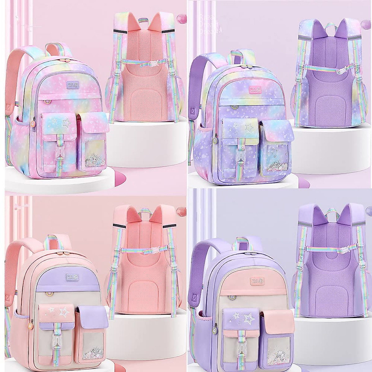 ZHANAO Star-Print Backpack for Girls Primary Students Bookbag Elementary Cute Student School Bag
