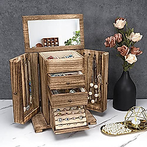 Emfogo Jewelry Box for Women, Rustic Wooden Jewelry Boxes & Organizers with Mirror, 4 Layer Jewelry Organizer Box Display for Rings Earrings Necklaces Bracelets (Rustic Brown)