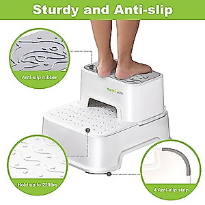 Two Step Stool for Kids, Double up Baby Child Toddler Stepping Stool for Potty Training,Bathroom Sink,Kitchen,Toilet Stool with Anti-Slip Strips for Safety, Stackable, Wide Step (2 Packs White)