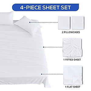 HUXMEYSON Queen Sheet Set, 4-Piece Hotel Luxury Bed Sheets & Pillowcases, Ultra Soft & Breathable Sheets, Deep Pockets 16" Wrinkle Proof Bedding Sheets, Anti-fading, Machine Washable, White