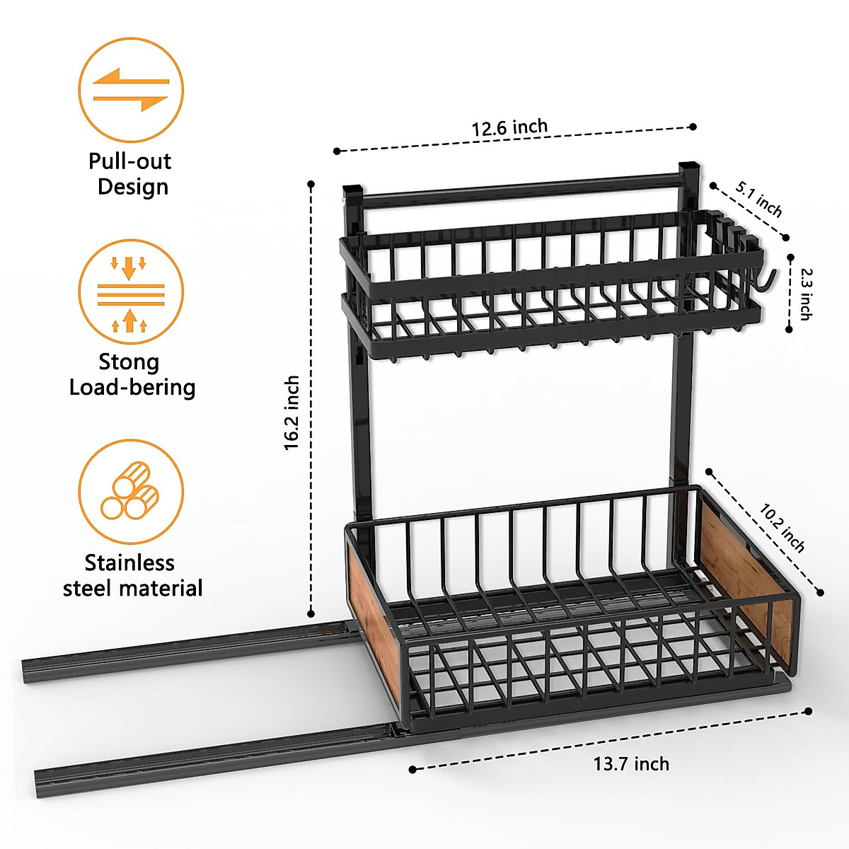 Under Sink Organizer, 2-Tier Pull Out Cabinet Organizer Under Kitchen Sink Organizer, Solid Wood Edge Beautiful-Use for Bathroom Laundry Kitchen
