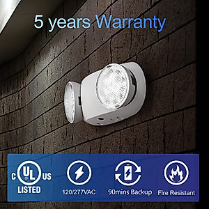 LED Emergency Light with Battery Backup, Two Adjustable Heads Commercial Emergency Light, US Standard 120-277V (UL 94V-0), Domestic Power Outage Emergency Light, Rechargeable Bulb (1-Pack)