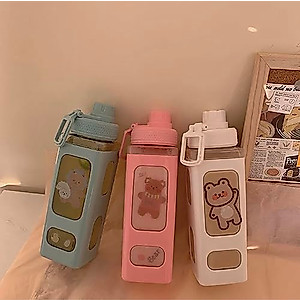 Kawaii Water Bottle With Straw And Sticker 23.6oz Cute For Kids Girls No Leak Large Sport Plasti Portable Square Drinking School Supplies, 02-Pink, 24