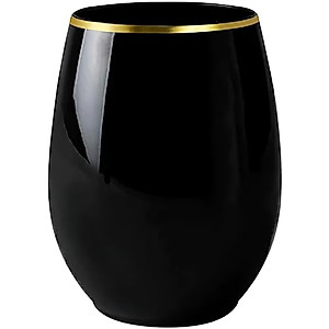 Smarty Had A Party Black Stemless Plastic Wine Glasses With Gold Rim Design (12 Oz.) - Pack Of 16 - Disposable & Chic, Perfect For Parties, Weddings, Events, Gatherings, & More