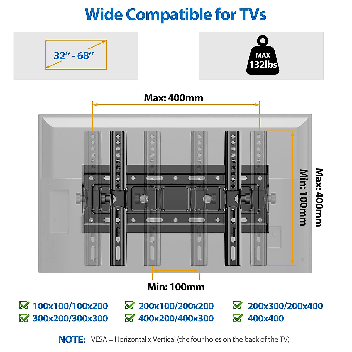 GLWIXY Tilt TV Wall Mount Bracket for Most 32-68 Inch TVs,Universal TV Mount Max VESA 400 x 400mm with Loading Capacity 132lbs, 40 42 43 50 55 58 60 Incn Low Profile Flat Wall Mount TV Bracket