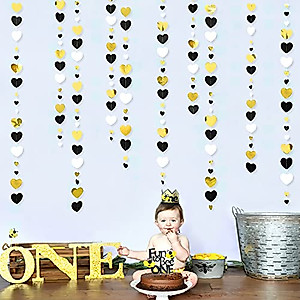 52Ft Black Gold White Love Heart Garland Hanging Paper Streamer Banner for Anniversary Bachelorette Engagement Wedding Bridal Baby Shower Birthday Mothers Day Valentines Day Party Decorations Supplies