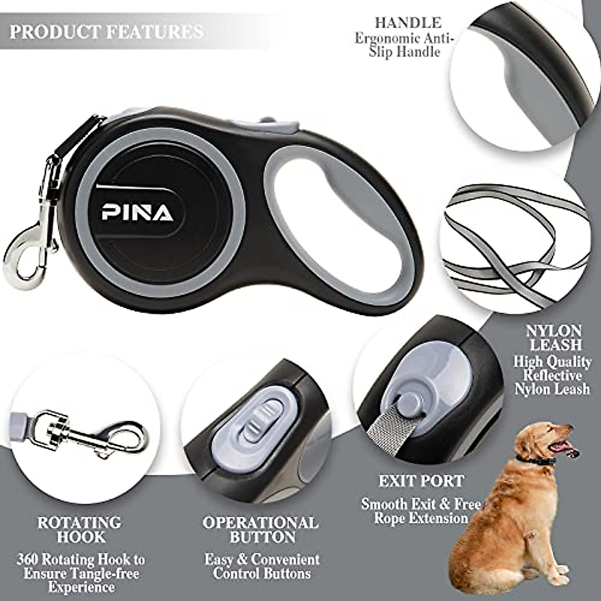 PINA Retractable Dog Leash, 26ft Dog Leash for Small Medium Large Dogs Up to 110lbs, 360° Tangle-Free Reflective Nylon Tape, with Anti-Slip Handle, One-Handed Brake, Pause, Lock - Black & Blue /2PACK