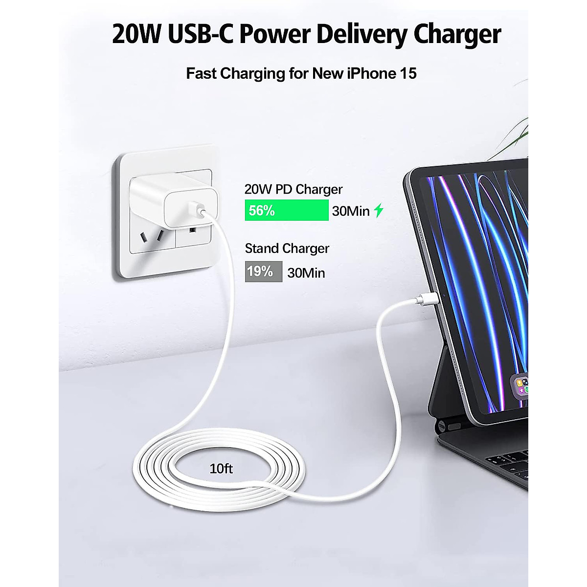 iPad Charger Fast Charging 10FT, 2Pack 20W USB C Wall Charger with 10ft USB C Charging Cord for iPad Pro 13/12.9/11 inch, iPad Air 13/11 inch 5/4th, iPad 10th Generation