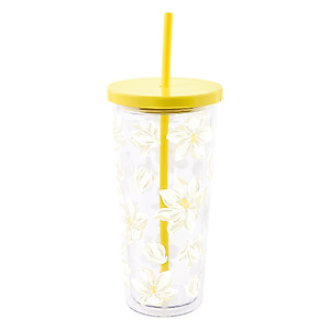 Draper James Travel Tumbler with Lid and Straw, 24 Ounce Insulated Cup, Clear Floral Plastic Double Wall Tumbler, Magnolias
