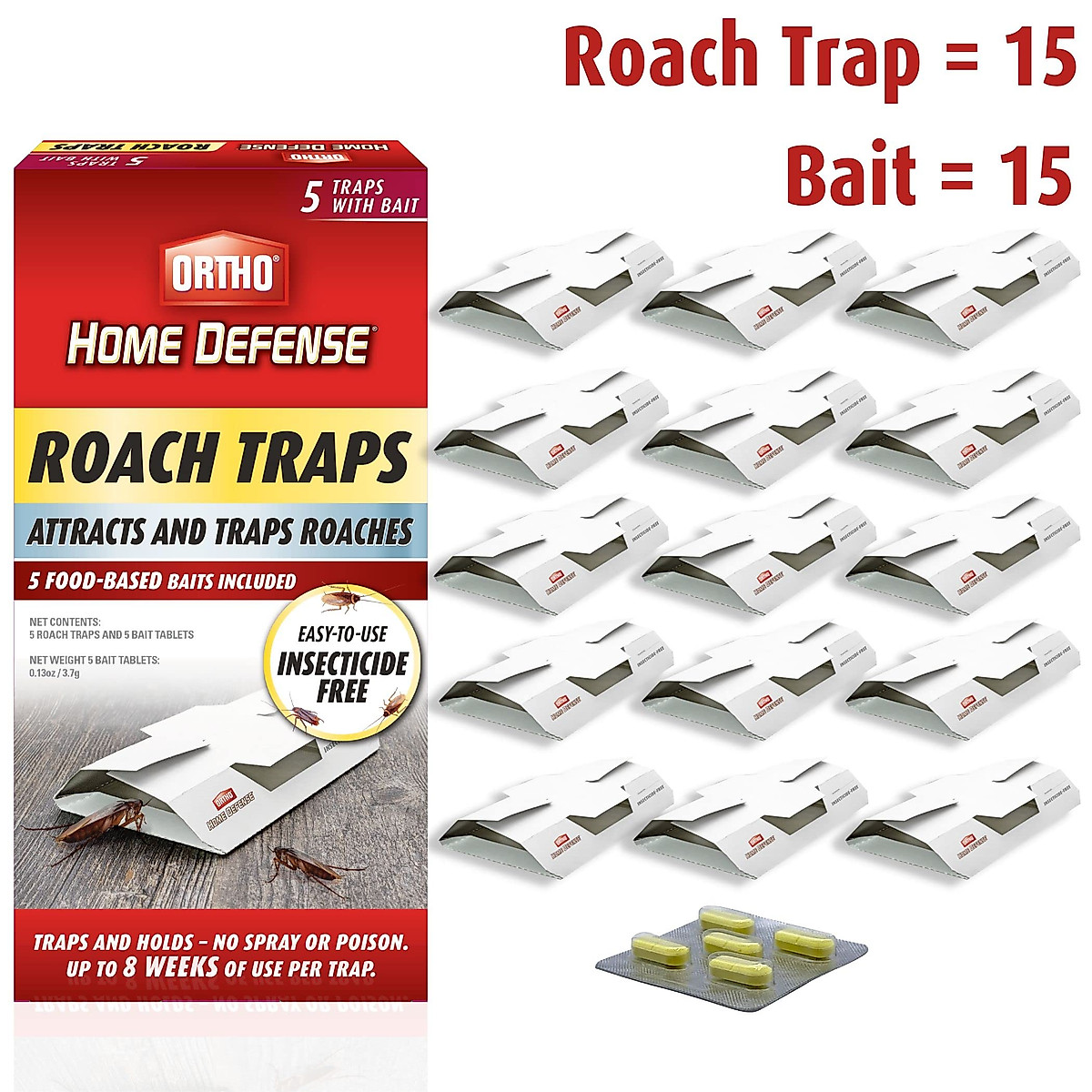 Ortho Home Defense Roach Trap with Bait Tablets, Cockroach Killer, Baited Glue Traps, Roach Traps, High Catch Rate, Roach Killer Indoor Infestation for Homes & More, 15 Traps (3 Pack)…