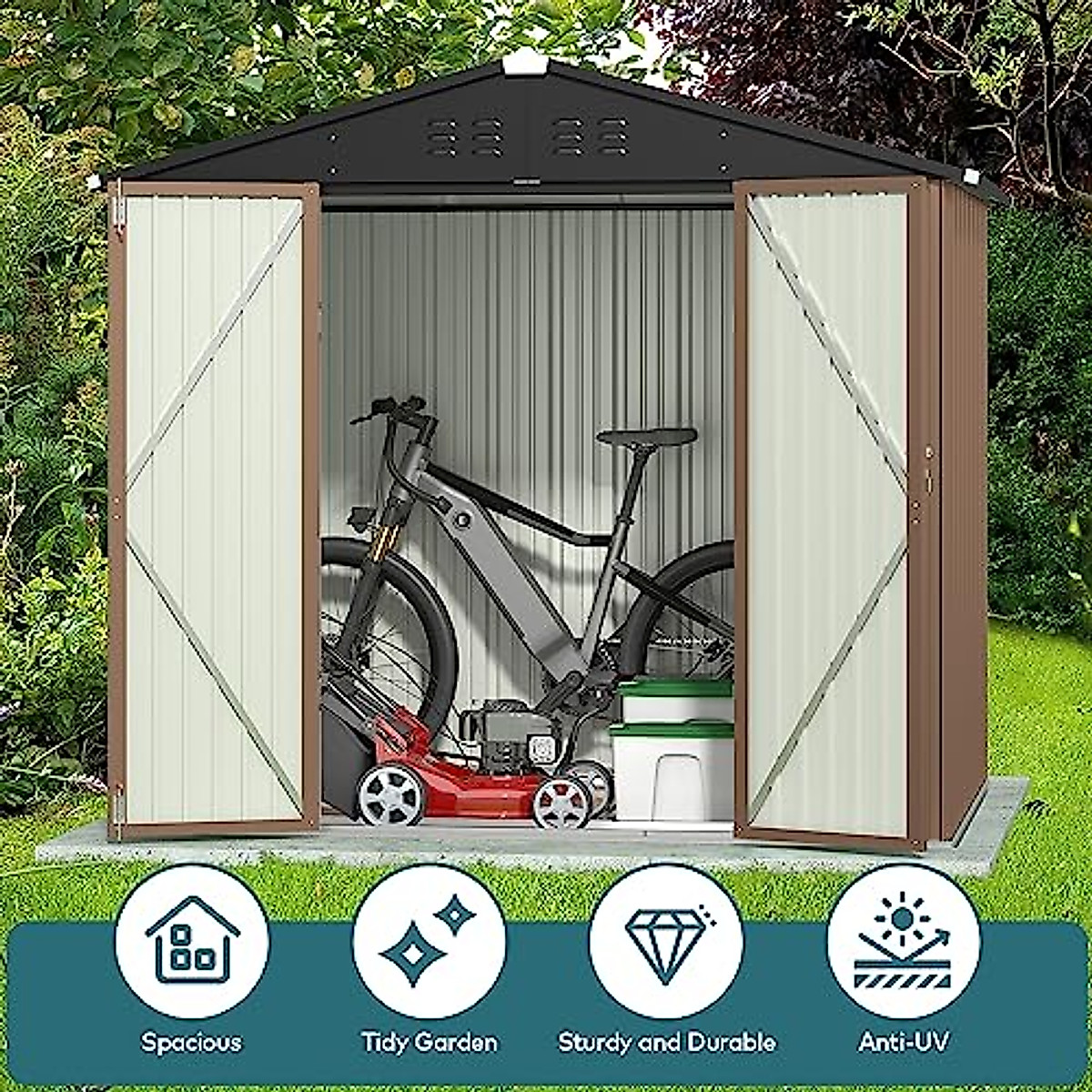 Gizoon Outdoor Storage Shed 8 x 6 FT with Metal Base Frame, Galvanized Metal Garden Shed with Double Lockable Doors, Weather-Resistant Outdoor Storage Clearance for Backyard Patio Lawn-Light Brown