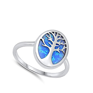 Blue Simulated Opal Tree Of Life Oval Cute Ring New .925 Sterling Silver Band Size 10
