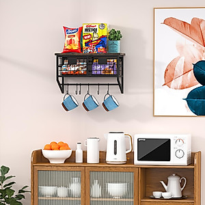 Helsin Industrial Wall Mounted Metal Wood Floating Shelves with Baskets Hooks Hanging Display Shelf Sundries Holder for Coffee Bar Kitchen Bathroom Organization and Home Decor, Black (16inch, 1 Set)