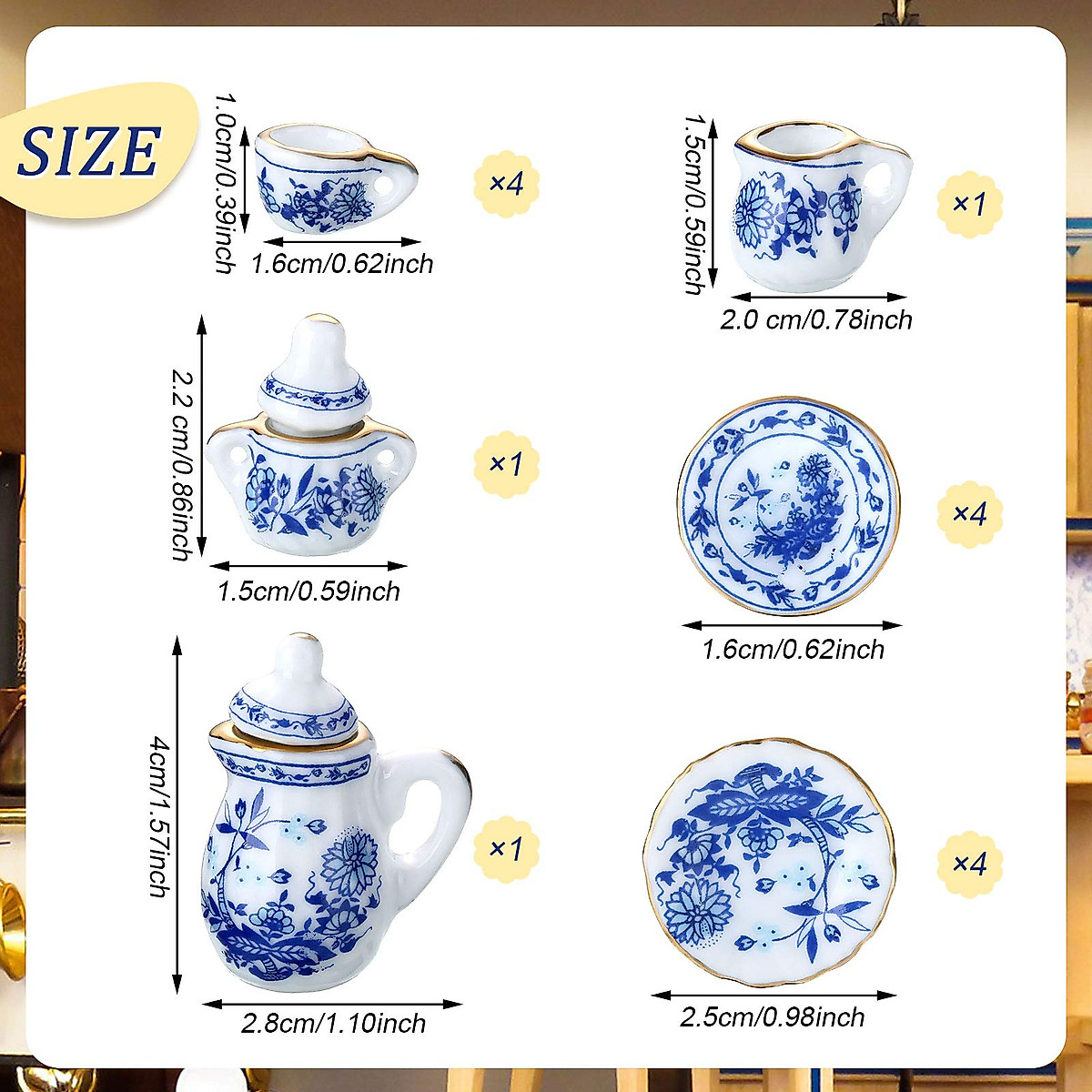 37 Pieces 1:12 Scale Miniatures Dollhouse Kitchen Accessories Include 16 Mini Doll Plates Knife Fork Spoon, 6 Mini Egg Beater Utensil, 15 Mini Tea Cup Set for Doll Toy Supplies (Blue Porcelain)