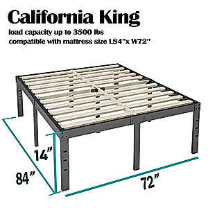 Auroral Zone 14in High Heavy Duty California King Bed Frames No Box Spring Needed, Metal Platform Cal King Bed Frame with 3in Wide Wood Slats, Easy Assembly, Noise Free, Black