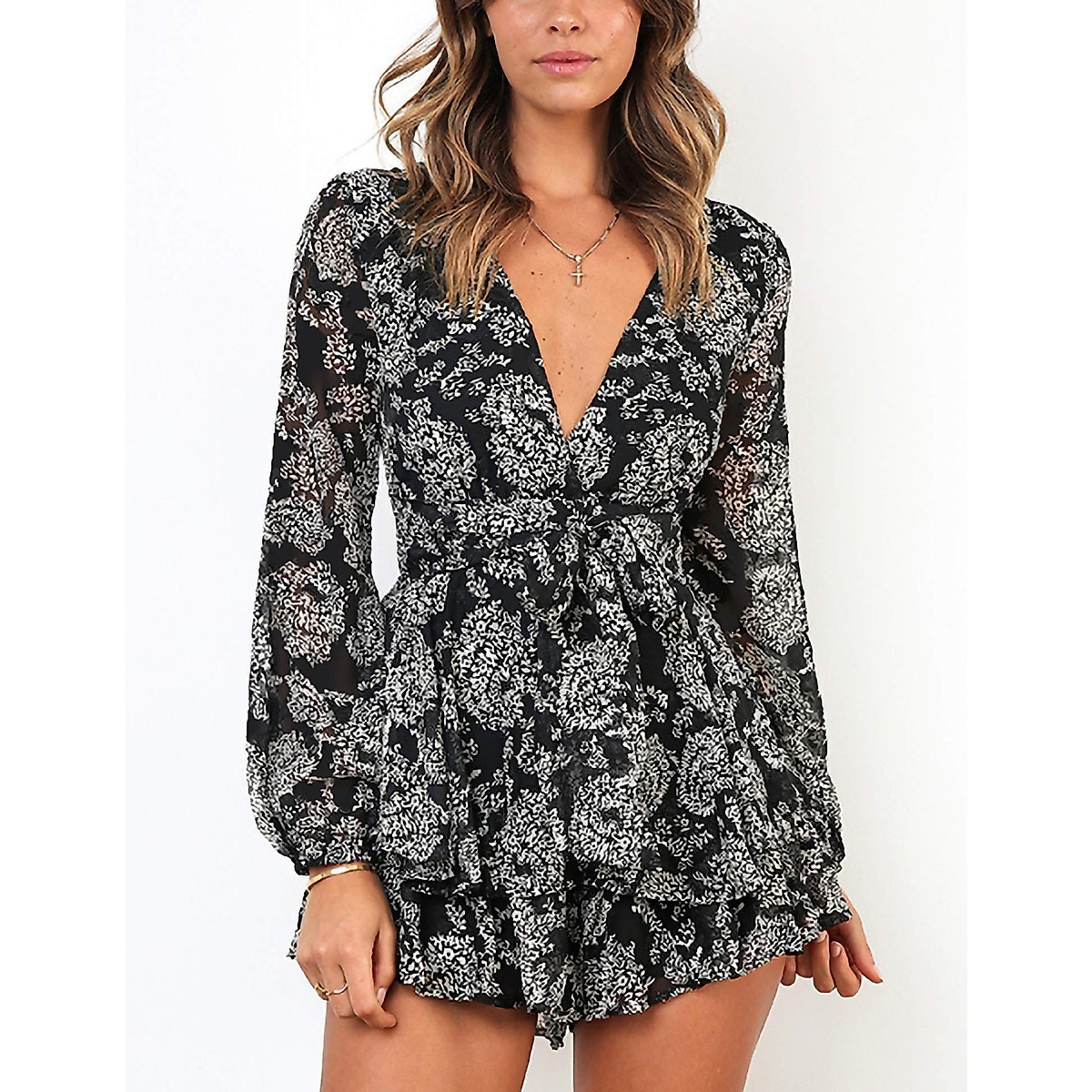 Relipop Women's Romper Floral Print V Neck Baggy Sleeve Waist Tie Layered Ruffle Hem Short Casual Summer Rompers Jumpsuits