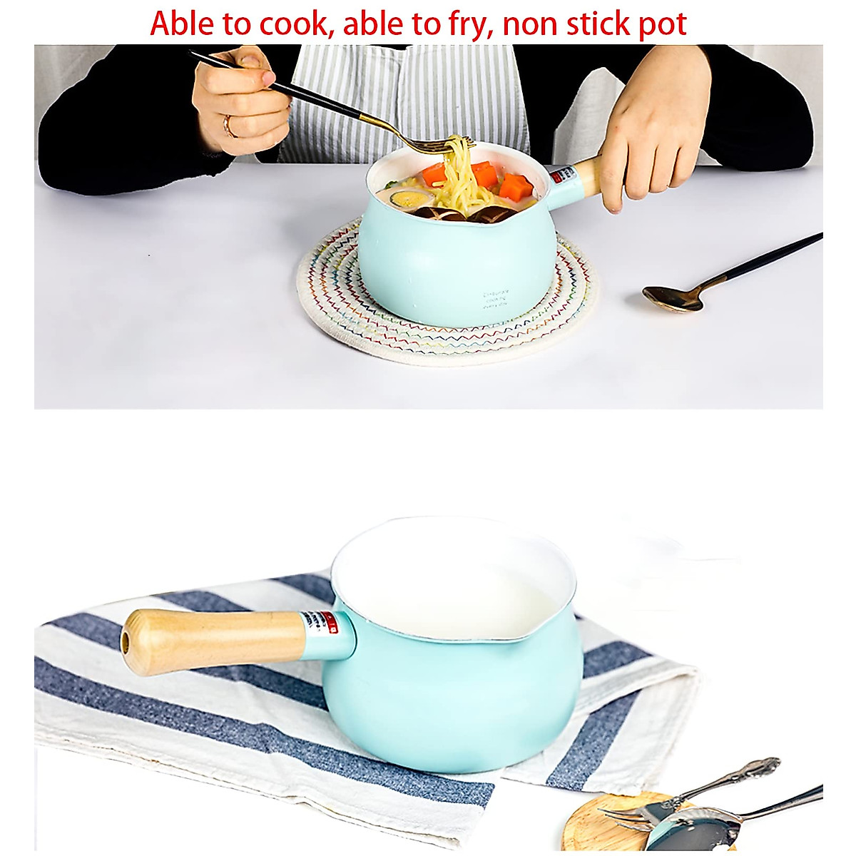 Japanese-style small milk pot non-stick coating hot milk small soup pot, 1.2L, 5 cups, imitation enamel pot (White)