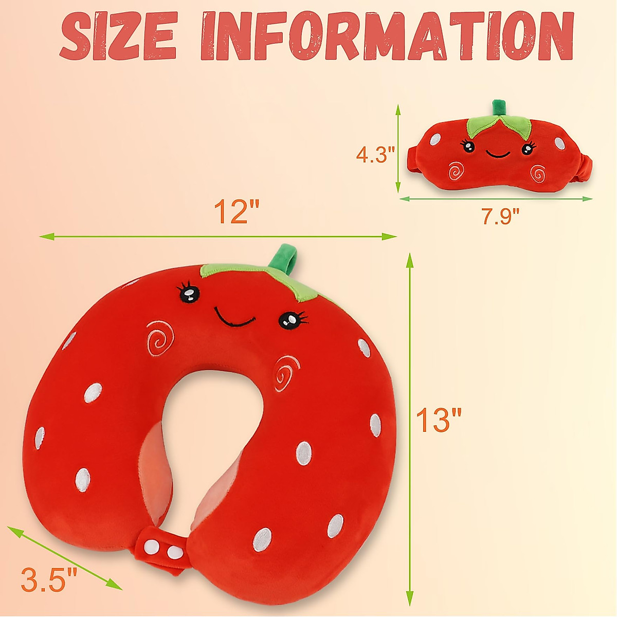 Kids Neck Pillow for Travel with Sleep Eye Mask, Cute Travel Neck Pillow, Memory Foam Flight Sleeping Headrest Pillow for Boys & Girls, Airplane, Train, Car, Home Use - Red Strawberry