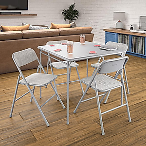 CoscoProducts COSCO Premium 5-Piece Dining Set, with 34" Vinyl Top Card Table and 4 Fabric Padded Seat & Back Folding Chairs, Gray