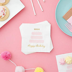 BLUE PANDA 50 Pack Light Pink Happy Birthday Cocktail Napkins for Women with Gold Foil Accents, 3-Ply (5 x 5 Inches)