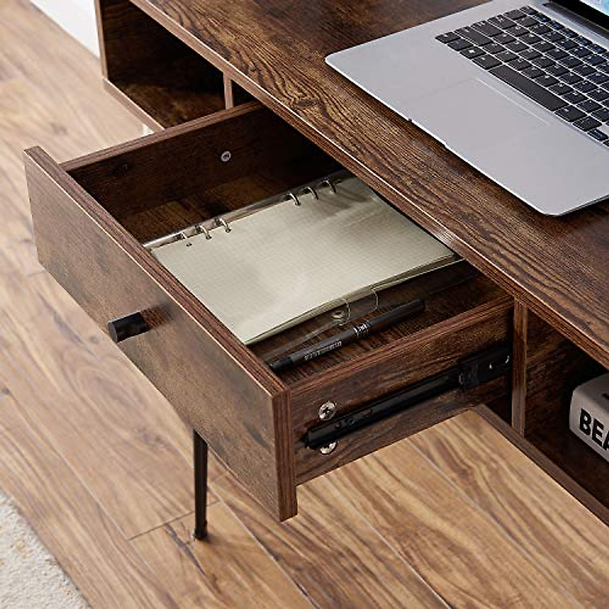 VECELO 39.3" Home Office Work Table with Drawers Computer Desk Writing/Study, 39 Inch Hairpin Legs, Retro Brown