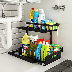 Under The Sink 2-Tier Sliding Organizer - Kitchen And Bathroom Cabinet Storage- Sturdy L-Shaped, Pull Out Shelf - Ideal for Kitchen, Bathroom, Cabinet, and Countertop - Black Metal