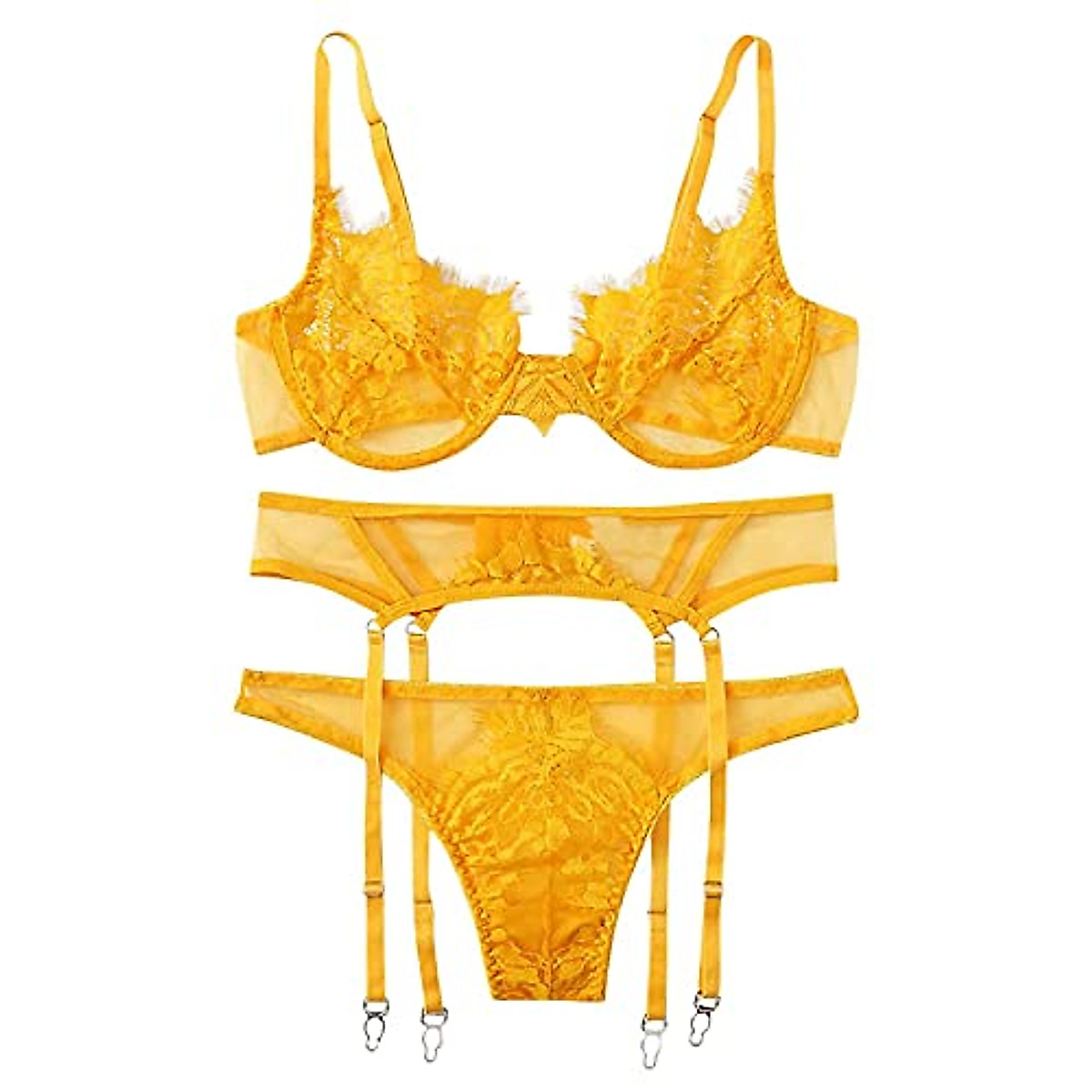wodceeke Women's 3 PC Deep V Teddy Lingerie Set Sexy Lace Babydoll Bodysuit With Garter (Yellow, L)