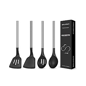 4 Pcs Silicone Kitchen Utensils Set, Wok Spatulas-Slotted Turner-Cooking Spoon-Slotted Spoon, Non-Stick BPA Free Heat-Resistant Basting Stainless Steel Handle Kitchenware for Cooking, Mixing, Serving