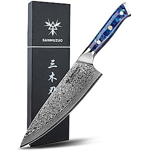 SANMUZUO Chef Knife - 8 inch - Xuan Series - VG10 Damascus Steel Kitchen Knife - Resin Handle (Sapphire Blue)