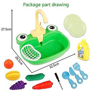 Ruibytree Play Kitchen Sink Toy, Water Toys for Kids with Electronic Dishwasher, Pretend Play Utensils Accessories and Play Cutting Food for Boys and Girls (Cute Frog)