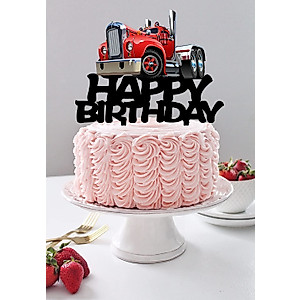Heavy Truck Cake Topper Black Acrylic Transportation Theme Birthday Supplies, Heavy Truck Happy Birthday Cake Topper for Kid's Boy's Men' Birthday Party Decorations（Red）