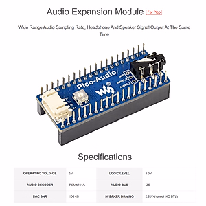 Audio Expansion Module for Raspberry Pi Pico, Incorporates PCM5101A Low Power Stereo Decoder, 3.5mm Audio Jack, Dual Channels Speaker Headers, Use I2S Bus, Headphone / Speaker Output Concurrently