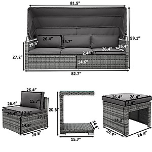 BIADNBZ 5 Pieces Wicker Patio Furniture Set, Outdoor Sectional Sofa PE Rattan Daybed with Retractable Canopy and Tempered Glass Side Table for Garden Poolside Backyard, Gray