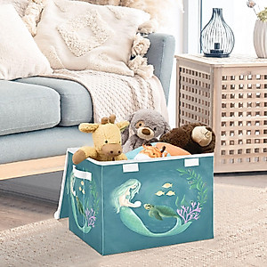 DIGTIA Summer Mermaid Turtle Storage Bins with Lids Large Pearl Sea Ocean Green Storage Basket with Handles Foldable Fabric Storage Box Organizer for Clothes Toys Closet Cabinet Home Office Bedroom