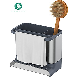 CLEARNEXT Brushed Stainless Steel Sink Caddy with Towel and Utensil Holder with Drip Tray, for Brush, Sponge, and Flatware Crock | for Kitchen or Bathroom