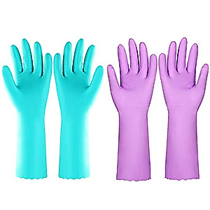 Elgood Reusable Dishwashing Cleaning Gloves with Latex free, Cotton lining,Kitchen Gloves 2 Pairs,Purple+blue L