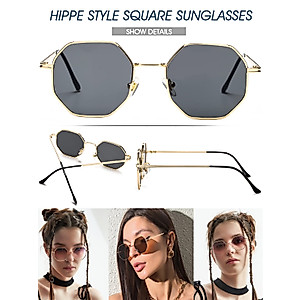 PORADAY Square Sunglasses for Women Men Retro Octagon Metal Sun Glasses Vintage Polygon Shades (Gold/Gray)