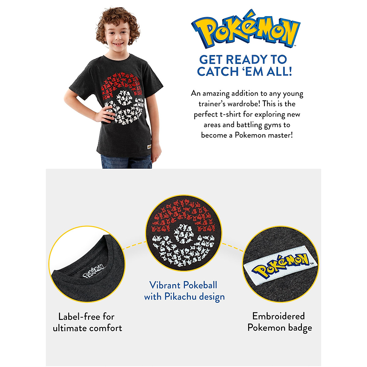 Pokémon T-Shirt | Boys Pikachu T Shirt | Pokeball Boys Tshirt | Official Pikachu Merchandise | 10 Black
