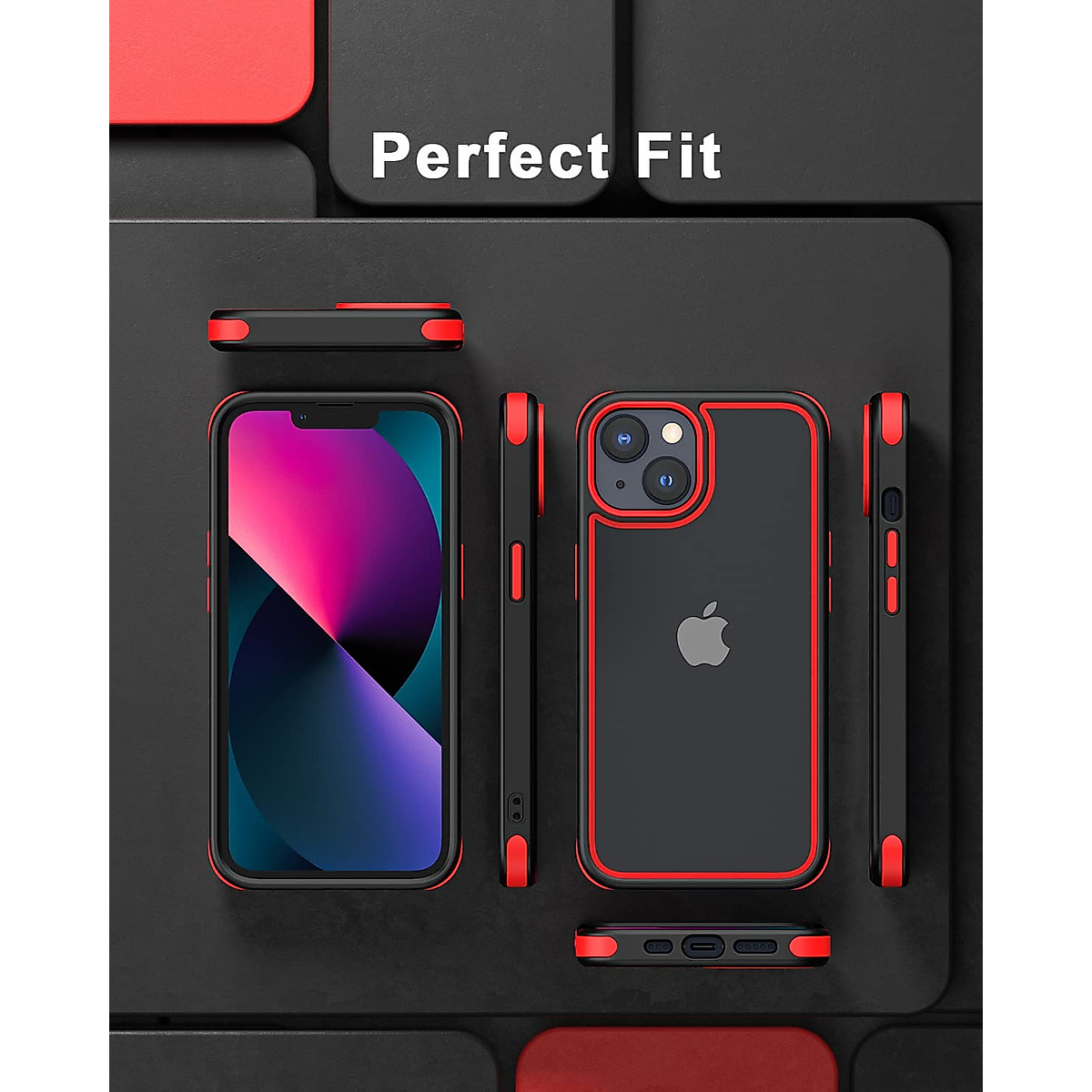 Mobnano Crystal Clear Case for iPhone 14 & iPhone 13, with Multicolor Protective Shockproof Bumpers [Not Yellowing] Slim Hard PC Back Cover for Men Women (Black/Red)