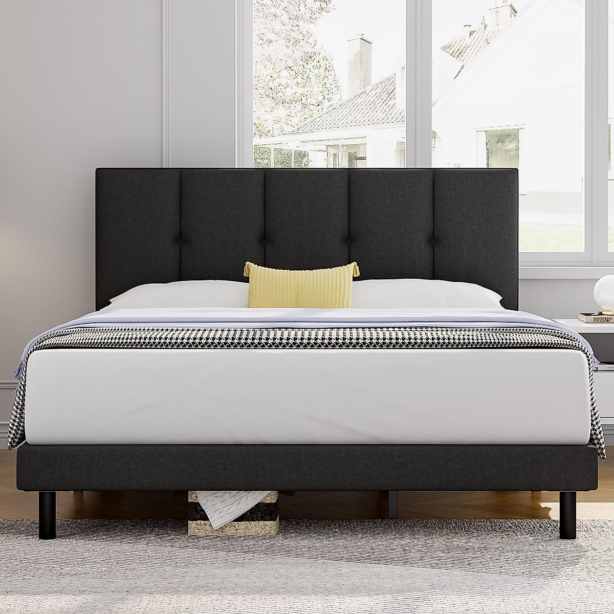 Generic Full Size Bed Frame Upholstered Platform with Headboard, Linen Fabric Wrap, Strong Frame and Wooden Slats Support, Easy Assembly No Box Spring Needed,Non-Slip and Noiseless, D Dark Grey