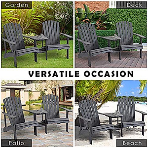 Outsunny Fire Pit Seating, 2 Wooden Adirondack Chairs with Outdoor Table & Umbrella Hole, Wood 2 Person Double Adirondack Bench, Gray