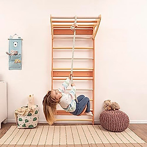 Woodandhearts Montessori Toddler Swedish Ladder and Single Rope Swing with Round Seat Present for Toddlers Wooden Gym Kids Climber Indoor Play Set in Coral Color
