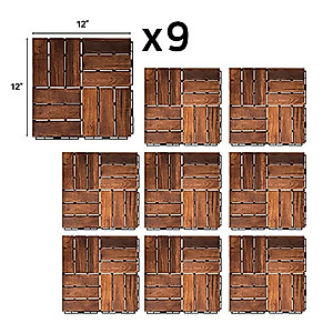 Acacia Hardwood Interlocking Deck Tiles - Walnut Grid - 12"×12" 9pcs - Floor Tiles for Patio and Deck Use Natural Wood Outdoor Decking and Flooring, Rain and Weather Resistant, Heavy Duty