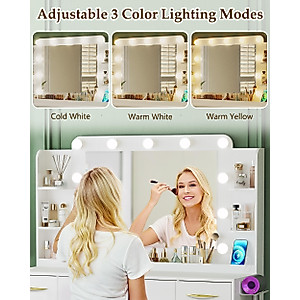 ALEXNUTRE Make up Vanity Desk with Mirror and Lights, Vanity with Lights 3 Models Settings, Vanity with Power Outlet, Vanity Desk with 5 Drawers, 2 Cabinets, Shelves, Makeup Vanity for Bedroom, White