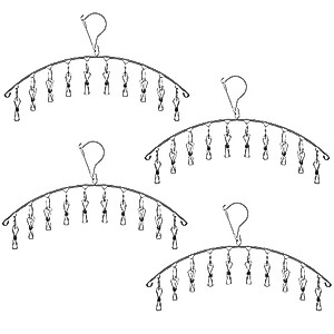 WudTus Clothes Hanger with 10 Clips, Stainless Steel, Windproof, for Drying Socks, Bras, Underwears, Baby Clothes, Hats, Scarfs, Towels, Pants and Gloves (4 Pack)
