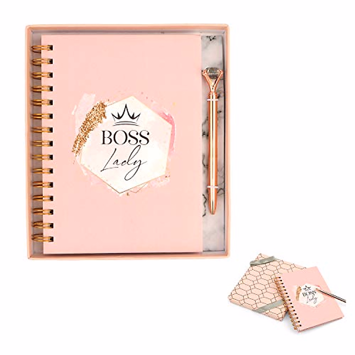 Boss Lady Notebooks for Women I Cute Spiral Journal Notebook with Diamond Pen by NINE ROYAL in a Gift Box - Rose Gold I Hard Cover, Thick and Lined Paper - Great Home or Office I Writing Journal