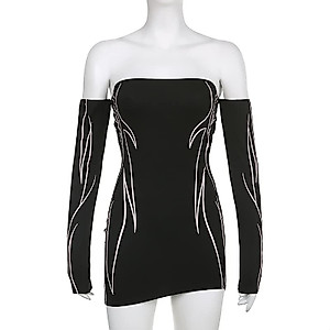 Faretumiya Women Off Shoulder Mini Sweater Dress Knit Bodycon Long Sleeve Off Shoulder Short Dress Y2k Ribbed Pullover Tunic Dress（Sexy Black，Small）