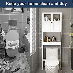 VINGLI Bathroom Organizer Over Toilet Bathroom Storage Cabinet Above The Toilet Shelf with Acrylic Glass Double Doors Adjustable Shelf Free Standing Wooden Space Saver Collect Home Furniture